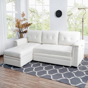 naomi home l-shaped sectional sleeper sofa with usb ports - convertible pull-out bed, ample storage, timeless design, durable construction, white/air leather