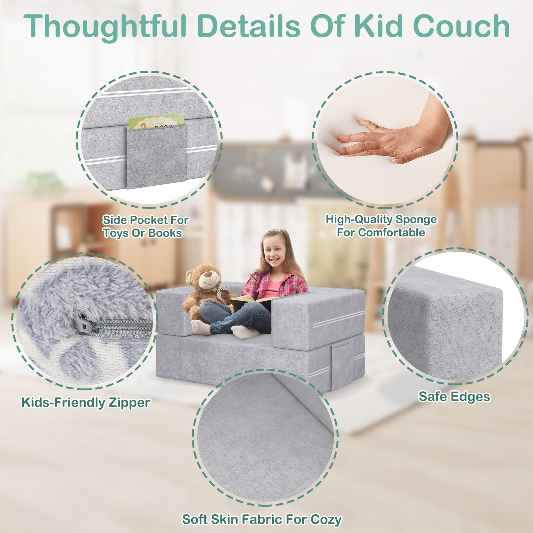 BIERUM Kids Couch, Modular Kids Play Couch with Blanket, Kids Sofa Couch with Glow Effects for Playroom & Indoor, Convertible Toddler Couch for Girls and Boys