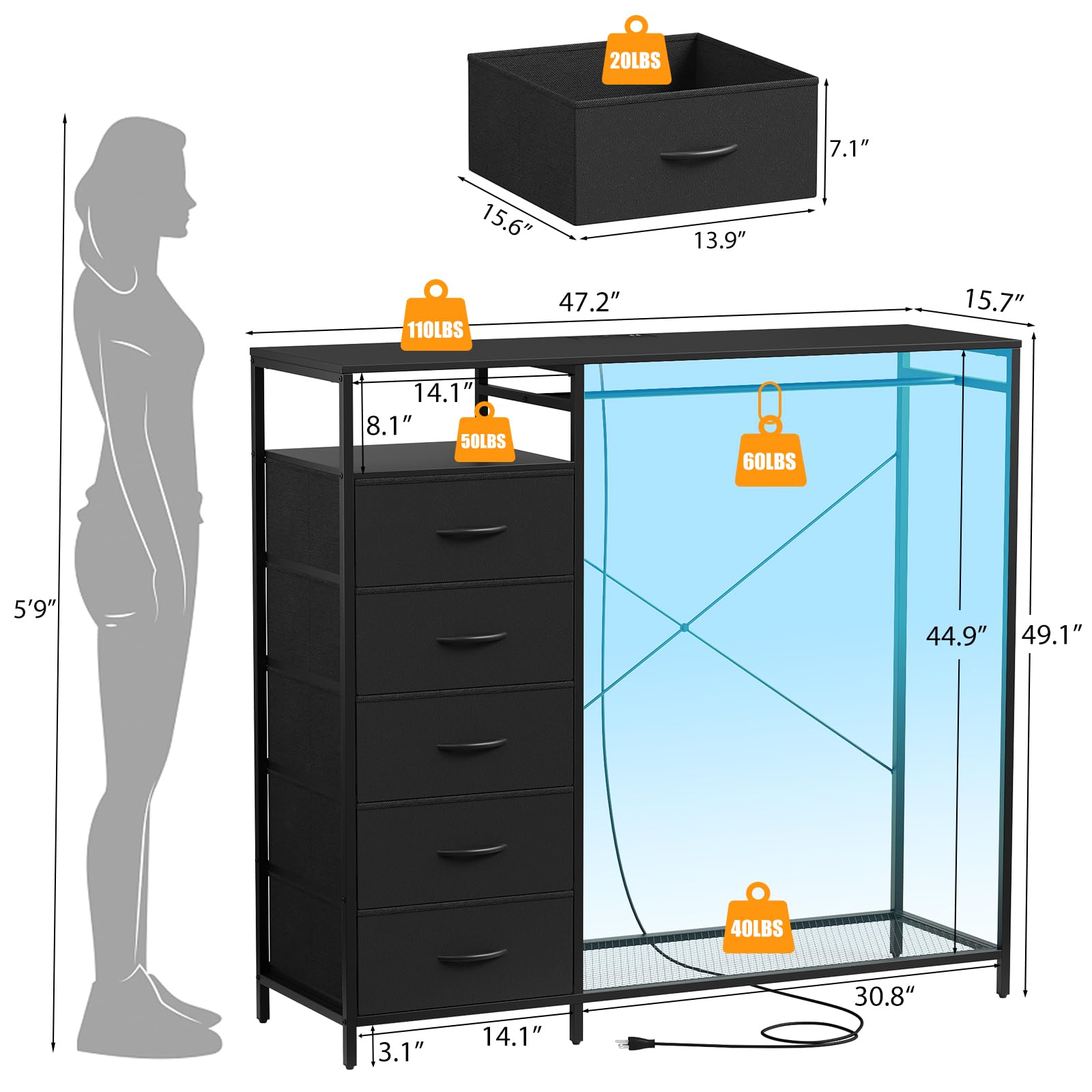 Black Dresser with Hanging Rack, Dresser for Bedroom with 5 Drawers, Clothes Dresser with Led Lights, Closet Dresser with Charging Station, 47 Inch Dresser with Shelves for Bedroom, Closet