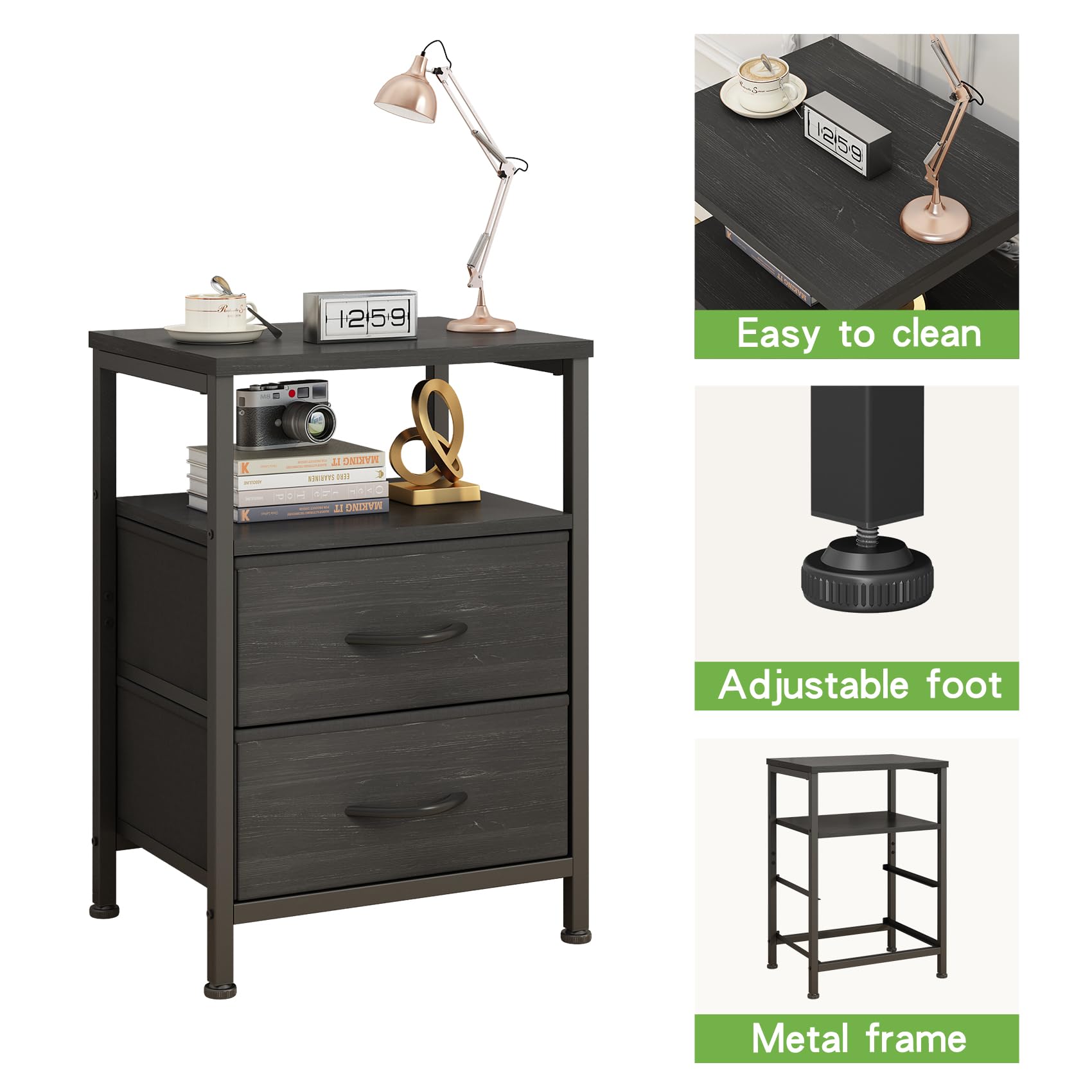 ZIWEI STAR Night Stand Set 2, Nightstands End Tables with Fabric Storage Drawer and Open Wood Shelf, Sidetables for Bedroom, Small Bedside Furniture, Dorm, Easy Assembly, Black