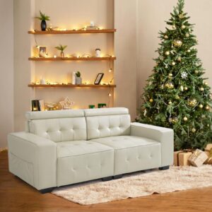 RESTREAL 83.8” Leather Sofa Couches for Living Room, Modern 3 Seater Comfy Sofa, Loveseat Sofa with Wide Armrest, Adjustable Backrest, Small Couches for Small Spaces, Apartment, Office (Beige)