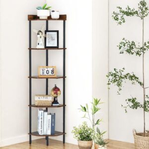 corner shelf stand, tall corner book shelf industrial 5 tier corner display rack multipurpose shelving unit corner bookcase for small spaces living room bedroom home office (rustic brown-5-tier)