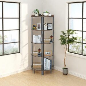 Corner Shelf Stand, Tall Corner Book Shelf Industrial 5 Tier Corner Display Rack Multipurpose Shelving Unit Corner Bookcase for Small Spaces Living Room Bedroom Home Office (Rustic Brown-5-Tier)