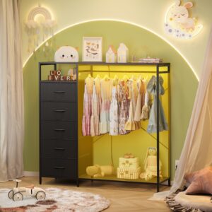 Black Dresser with Hanging Rack, Dresser for Bedroom with 5 Drawers, Clothes Dresser with Led Lights, Closet Dresser with Charging Station, 47 Inch Dresser with Shelves for Bedroom, Closet