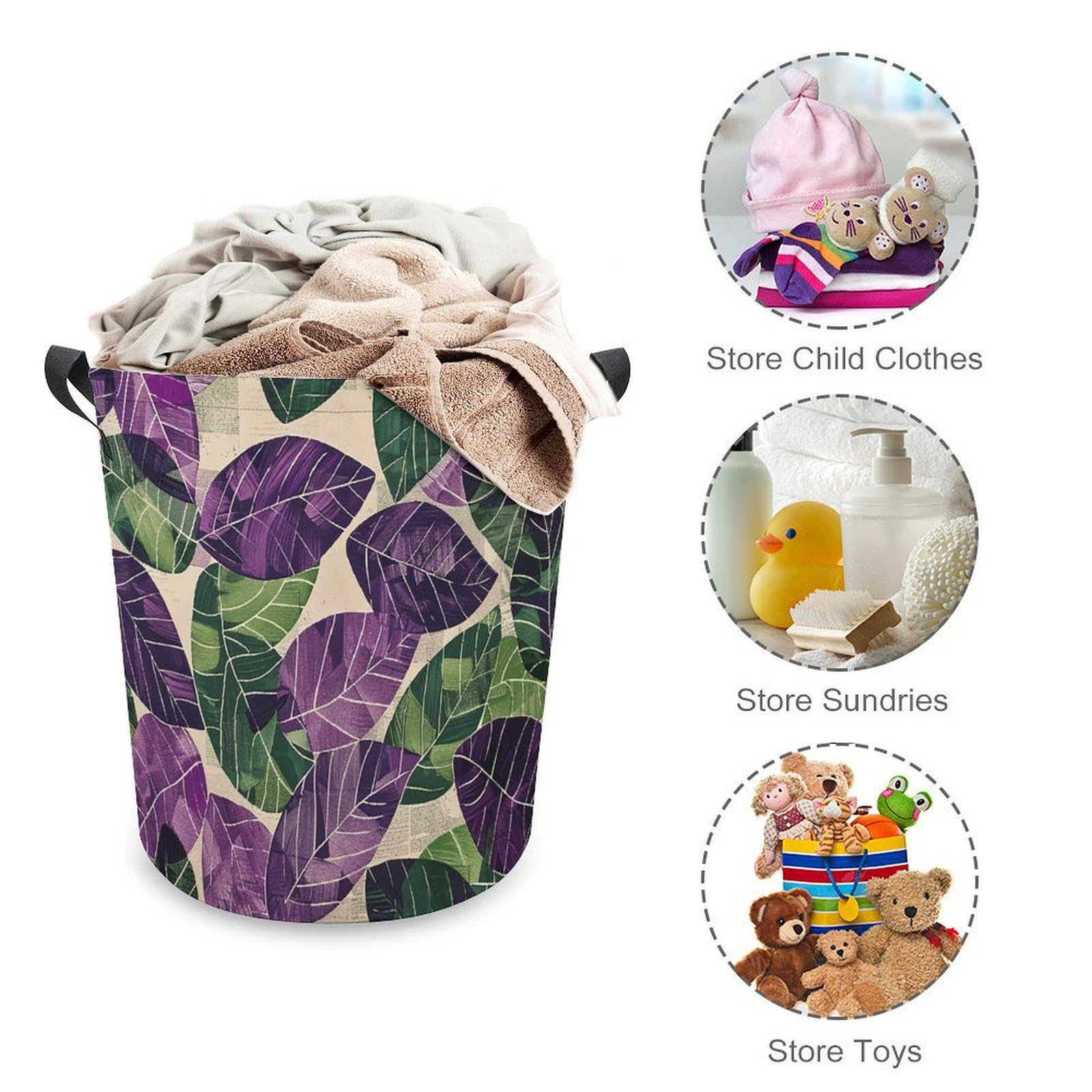 Laundry Basket Hamper Green And Purple Leaves Waterproof Dirty Clothes Hamper Collapsible Washing Bin Clothes Bag with Handles Freestanding Laundry Hamper for Bathroom Bedroom Dorm Travel