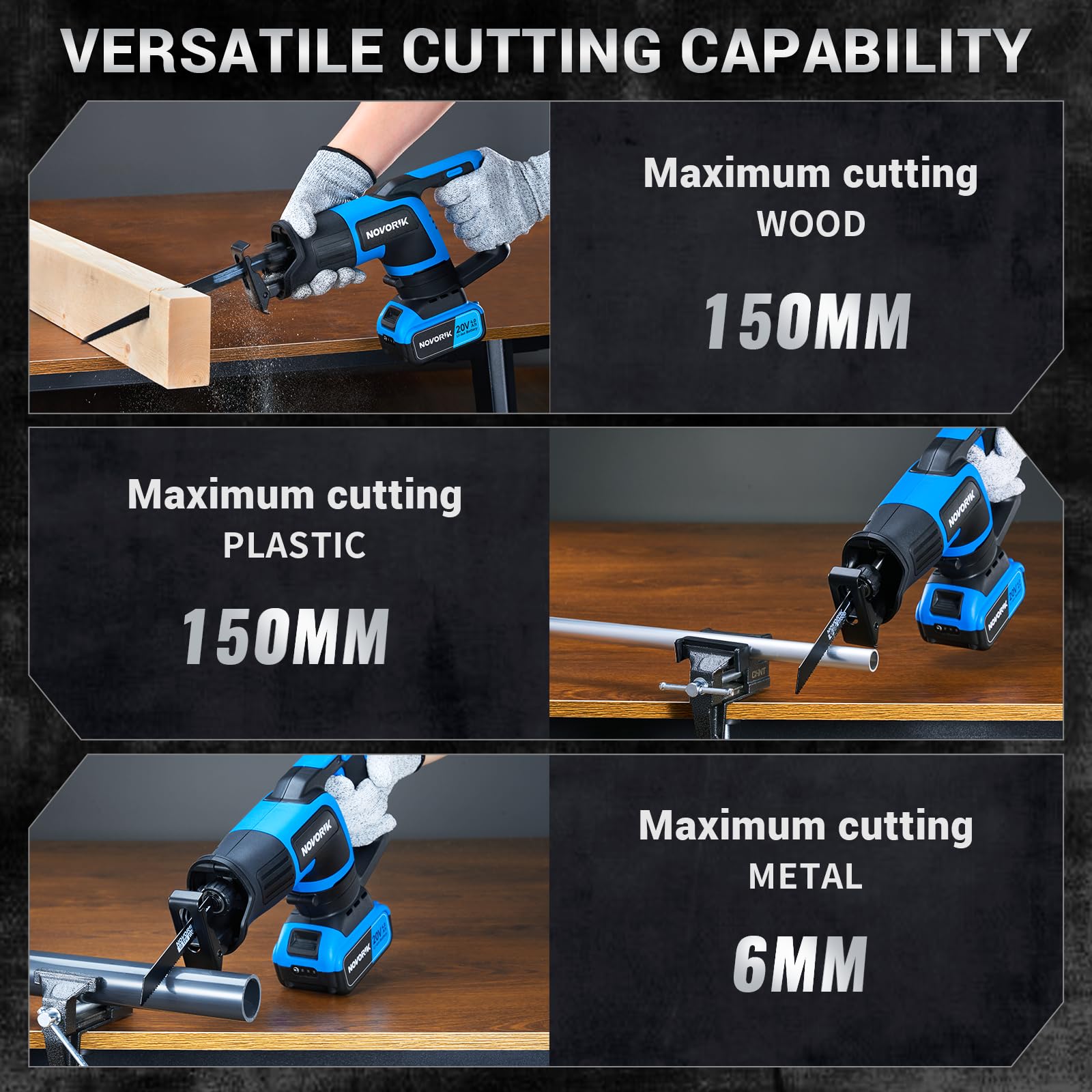 NOVORIK 20V Cordless Reciprocating Saw,0-3000 SPM 22mm Reciprocating Stroke Saw Reciprocating with 2 x 4.0Ah Battery & 8 Saw Blades for Wood Metal PVC Cutting