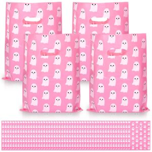 jarthenaamcs 100pcs halloween party favor bags pink ghost halloween treat bags plastic candy goodies bags with handles party favor bags for trick or treat party birthday baby shower wrapping supplies