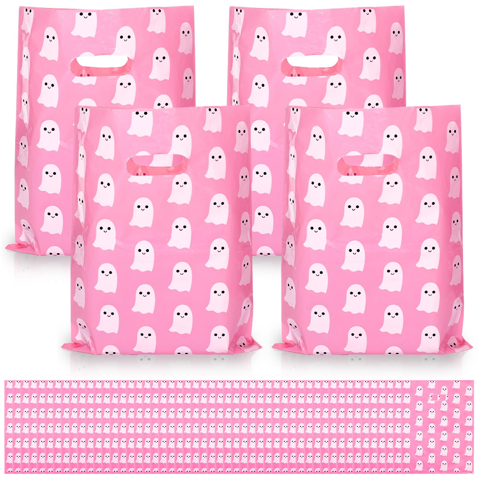 JarThenaAMCS 100Pcs Halloween Party Favor Bags Pink Ghost Halloween Treat Bags Plastic Candy Goodies Bags with Handles Party Favor Bags for Trick or Treat Party Birthday Baby Shower Wrapping Supplies