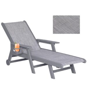 loeniy outdoor chaise lounge chair with textilene surface, 5-position adjustable patio lounge chair with wheels & cup holder, hdpe pool lounge chair for outside, poolside & beach (grey, 1)