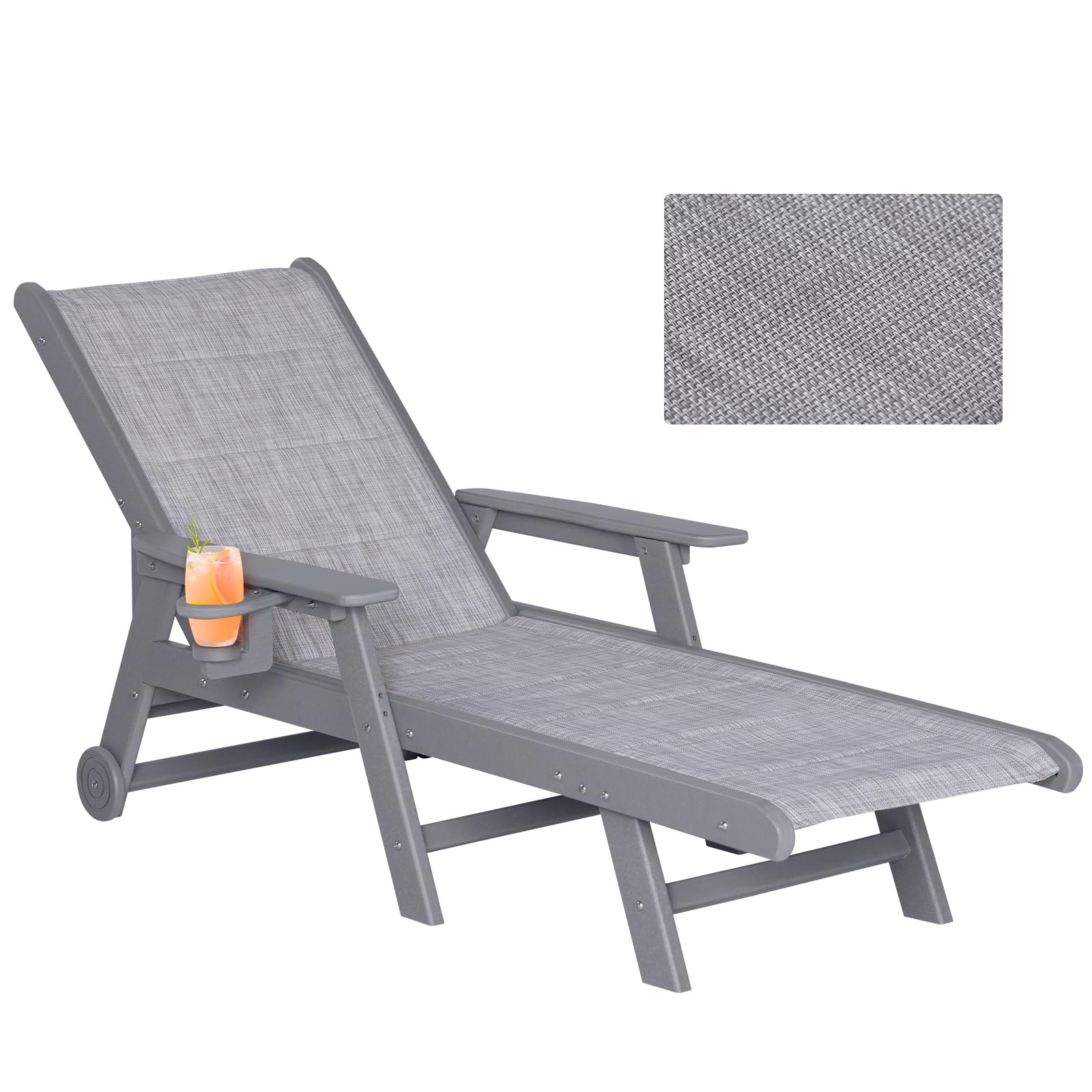 LOENIY Outdoor Chaise Lounge Chair with Textilene Surface, 5-Position Adjustable Patio Lounge Chair with Wheels & Cup Holder, HDPE Pool Lounge Chair for Outside, Poolside & Beach (Grey, 1)