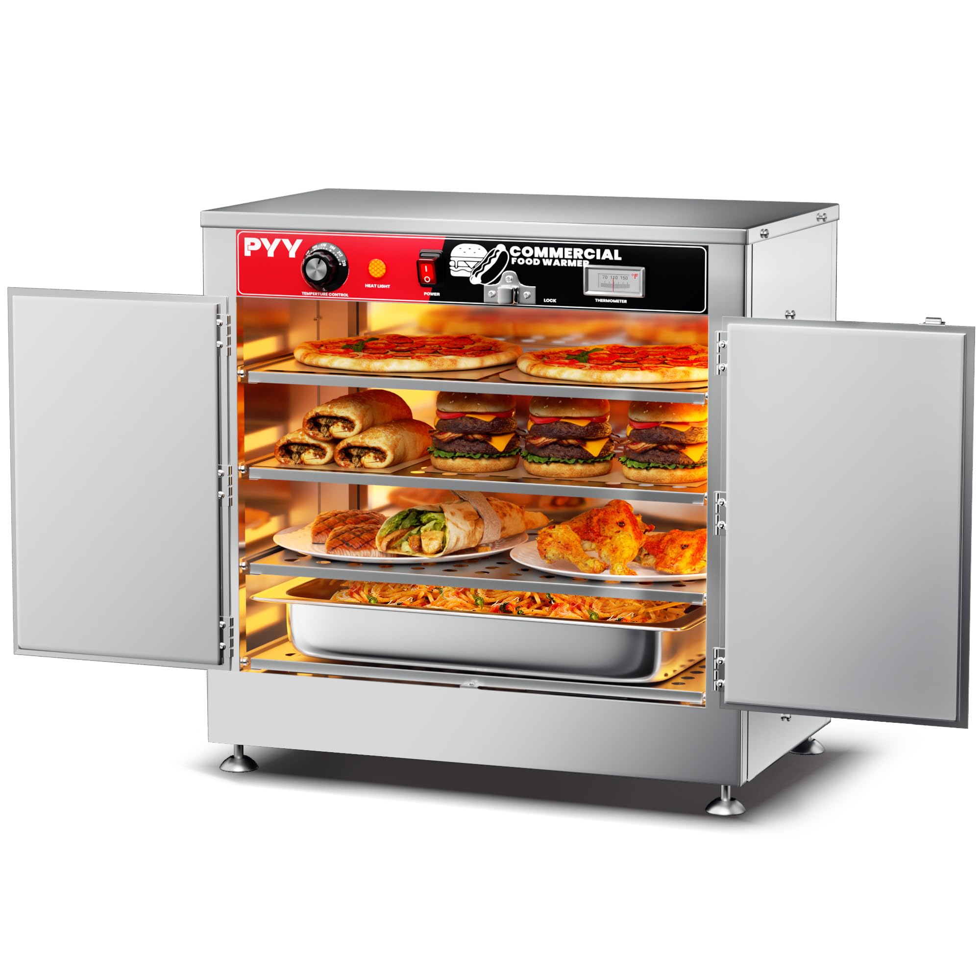 PYY Hot Box Food Warmer - 4 Tier Commercial Catering Warming Cabinet for Pizza Pretzel, Electric Countertop Heating Machine for Restaurant, Stainless Steel Dual Door with Water Tray and Thermometer