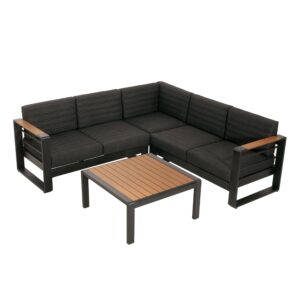 Christopher Knight Home Sornsa Outdoor Aluminum Frame Sets, Outdoor Sectional Sofas with Table Set, Aluminum Frame Sofas Sets, Polywood Accents Seating Patio Furniture Conversation Sets, Black