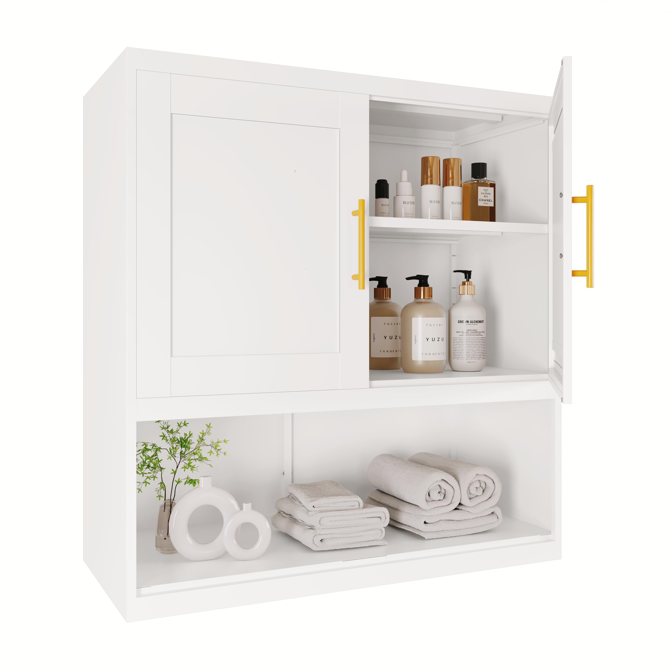 KAIFAM Wall Mounted Bathroom Storage Cabinet with Doors and Shelves, Wall Hanging Metal Cabinet with Open Storage for Kitchen, Bathroom, Over The Toilet, (White)