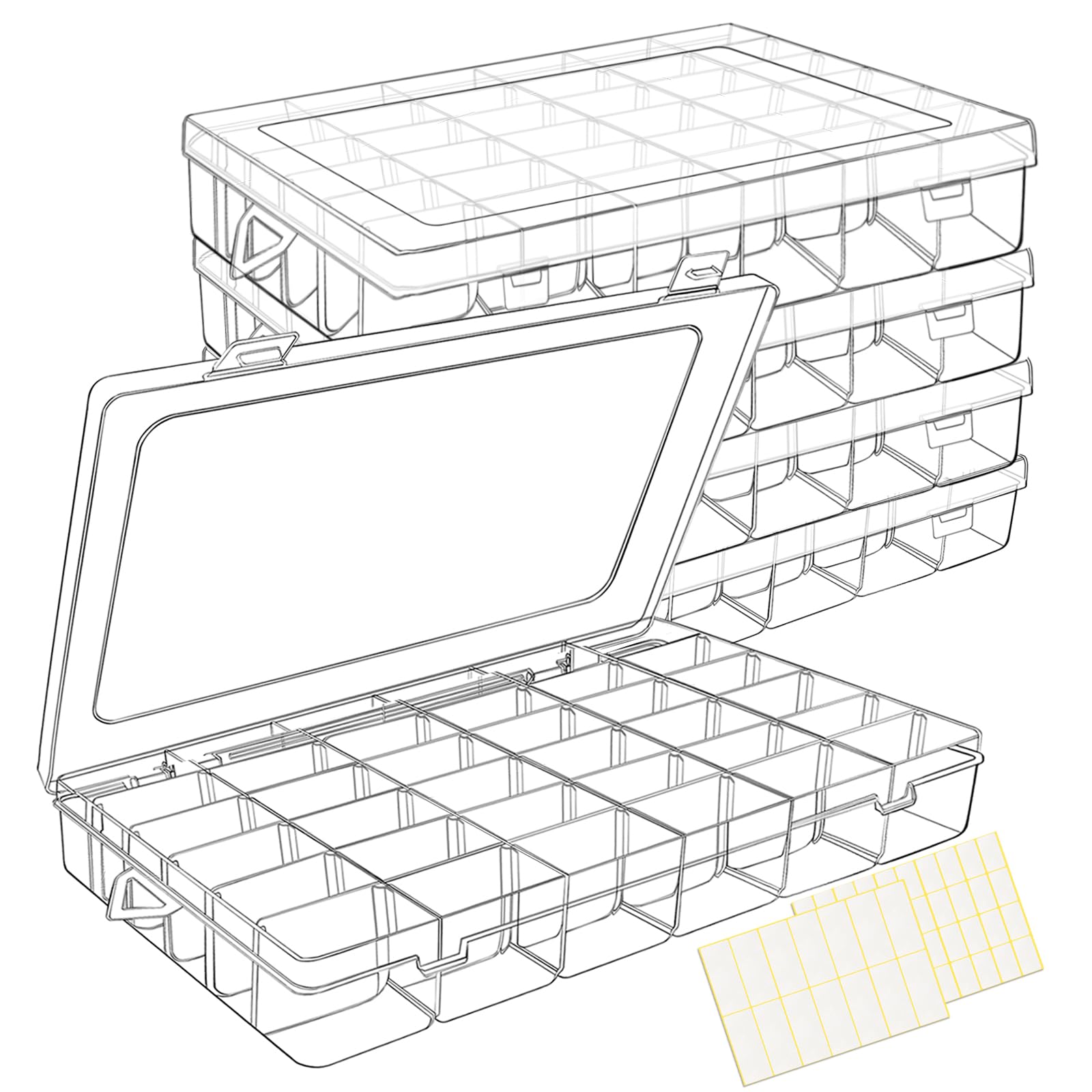 RYKOMO 5 Pack 36 Grids Clear Plastic Organizer Storage Box Container with 270 Label Stickers, Craft Bead Organizers and Storage with Adjustable Dividers Plastic Container with Dividers for Crafts