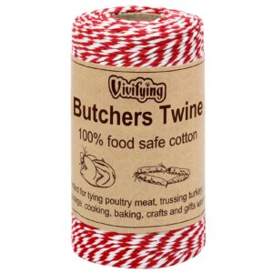 vivifying butchers twine, 328 feet 2mm food safe cotton red and white cooking twine, ideal for trussing turkey, roasting, baking, bacon, pumpkin bread, festive holiday kitchen use & gift wrapping