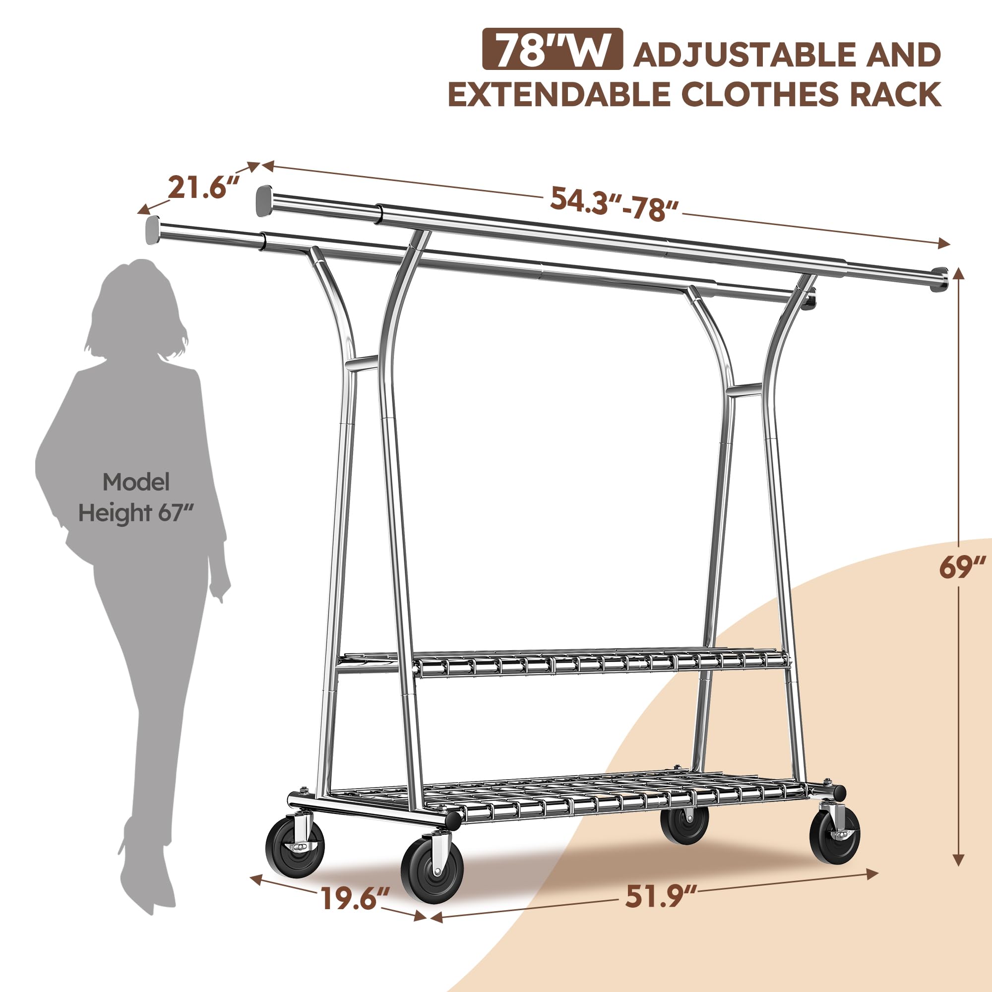 Raybee 78"W Clothes Rack Heavy Duty Loads 650LBS, Clothing Racks for Hanging Clothes, Rolling Clothing Rack With Shelves, Clothing Rack with Wheels Portable Collapsible Commercial Garment Rack Chrome