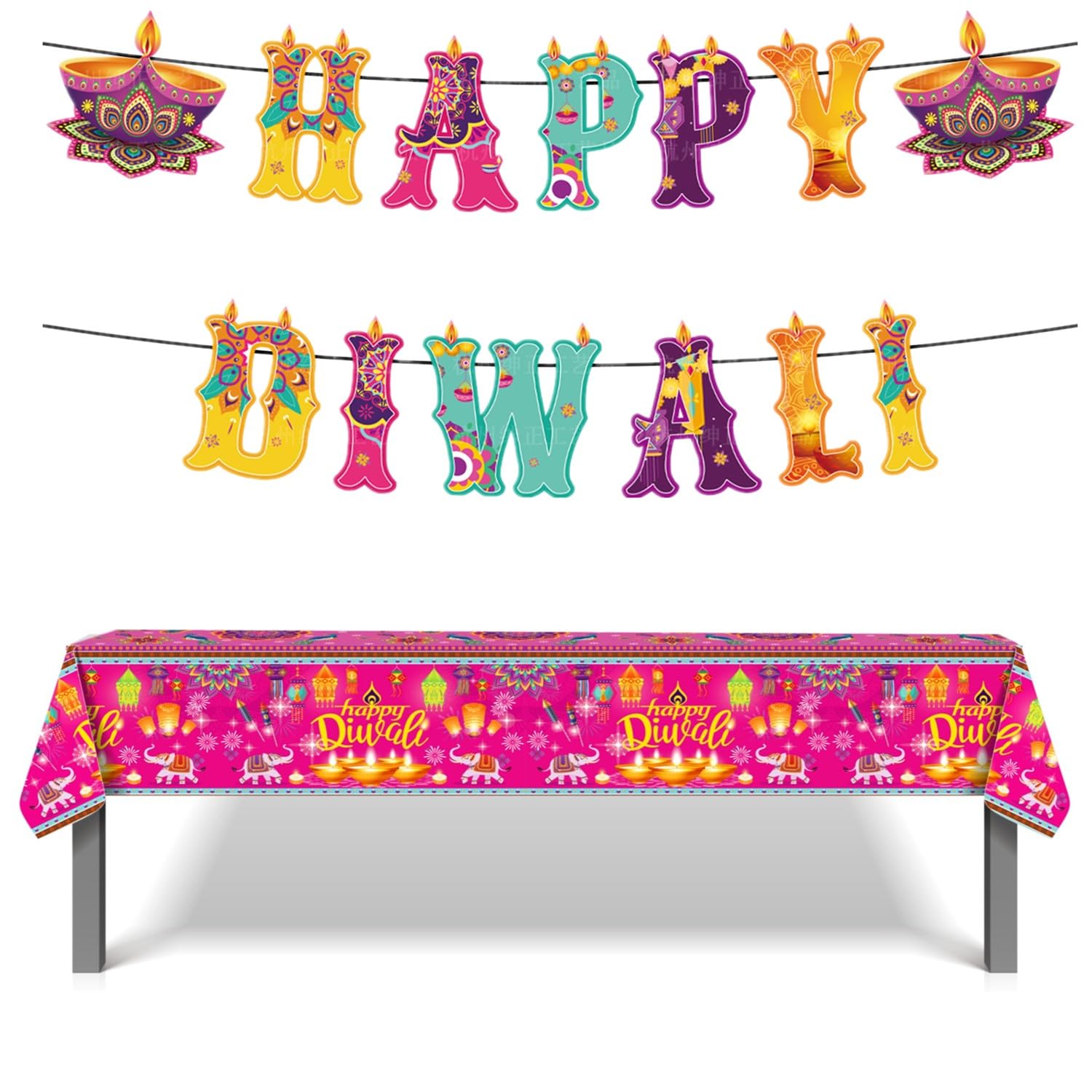 KYMY Happy Diwali Hanging Banner, Deepavali Rangoli Themed Hanging Pennants Wall Sign, Indian Festival of Lights Paper Cards Banner for India Festival Diwali Party Decorations