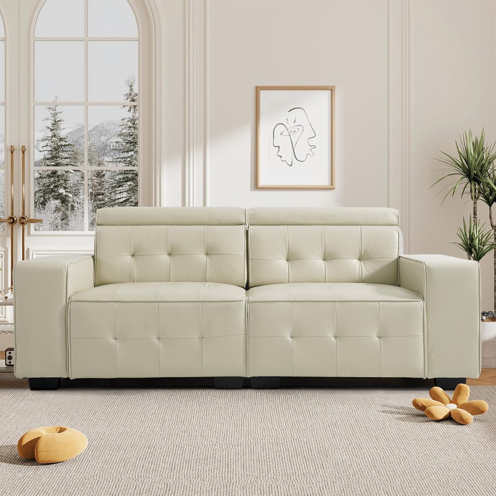 RESTREAL 83.8” Leather Sofa Couches for Living Room, Modern 3 Seater Comfy Sofa, Loveseat Sofa with Wide Armrest, Adjustable Backrest, Small Couches for Small Spaces, Apartment, Office (Beige)