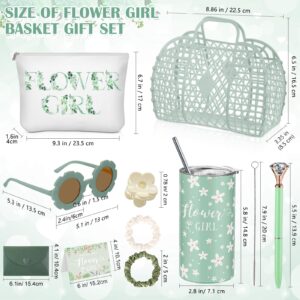 Ninehaoou 10 Pcs Flower Girl Jelly Basket Set Flower Girl Tumbler Sunglasses Makeup Bag Hair Scrunchies Clip Proposal Card with Pen Envelope Plastic Handbag for Wedding Bridal Shower (Green)