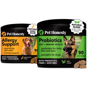 pet honesty allergy itch relief & probiotics bundle: dog allergy relief & gut health chews (peanut butter & duck 90 ct)