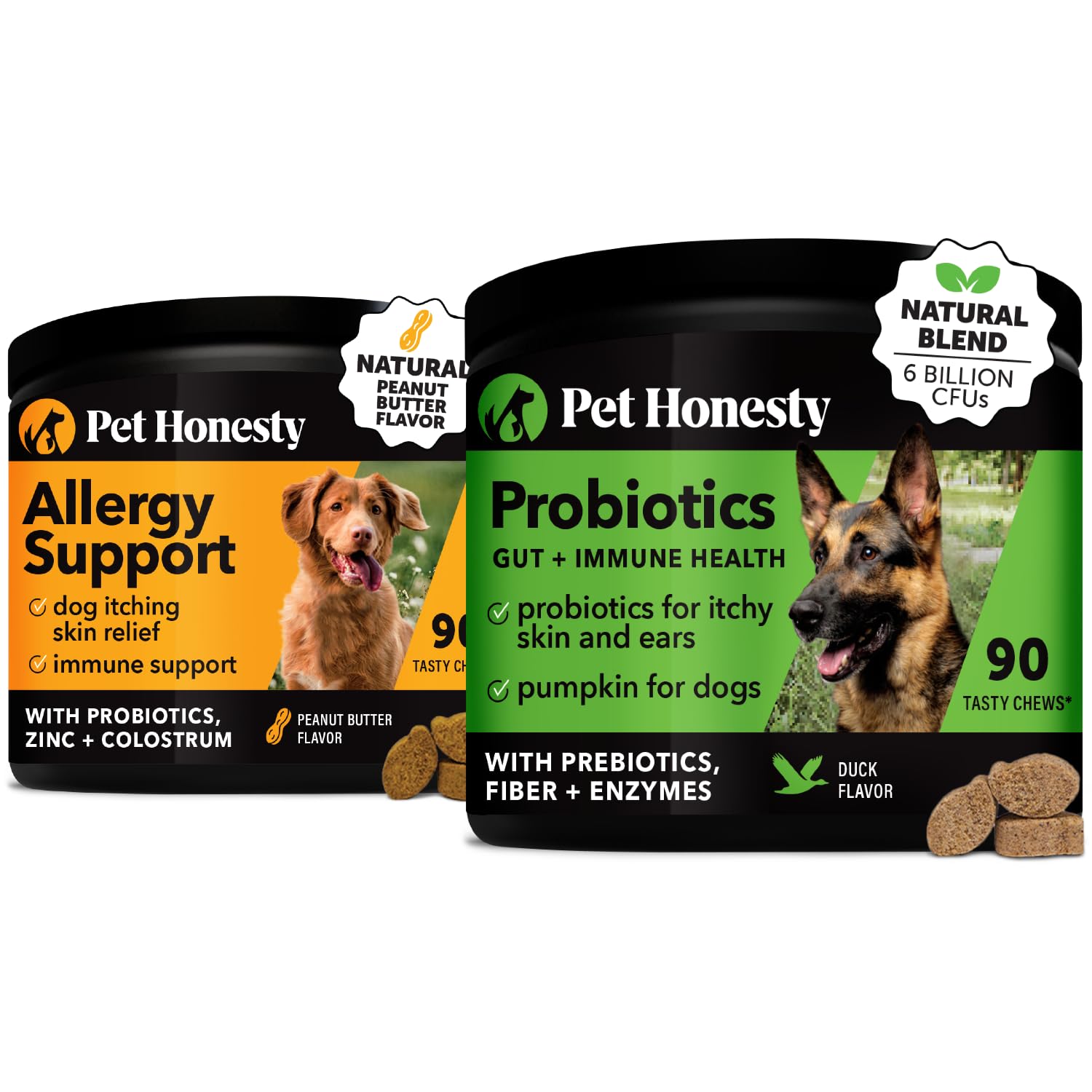 Pet Honesty Allergy Itch Relief & Probiotics Bundle: Dog Allergy Relief & Gut Health Chews (Peanut Butter & Duck 90 ct)