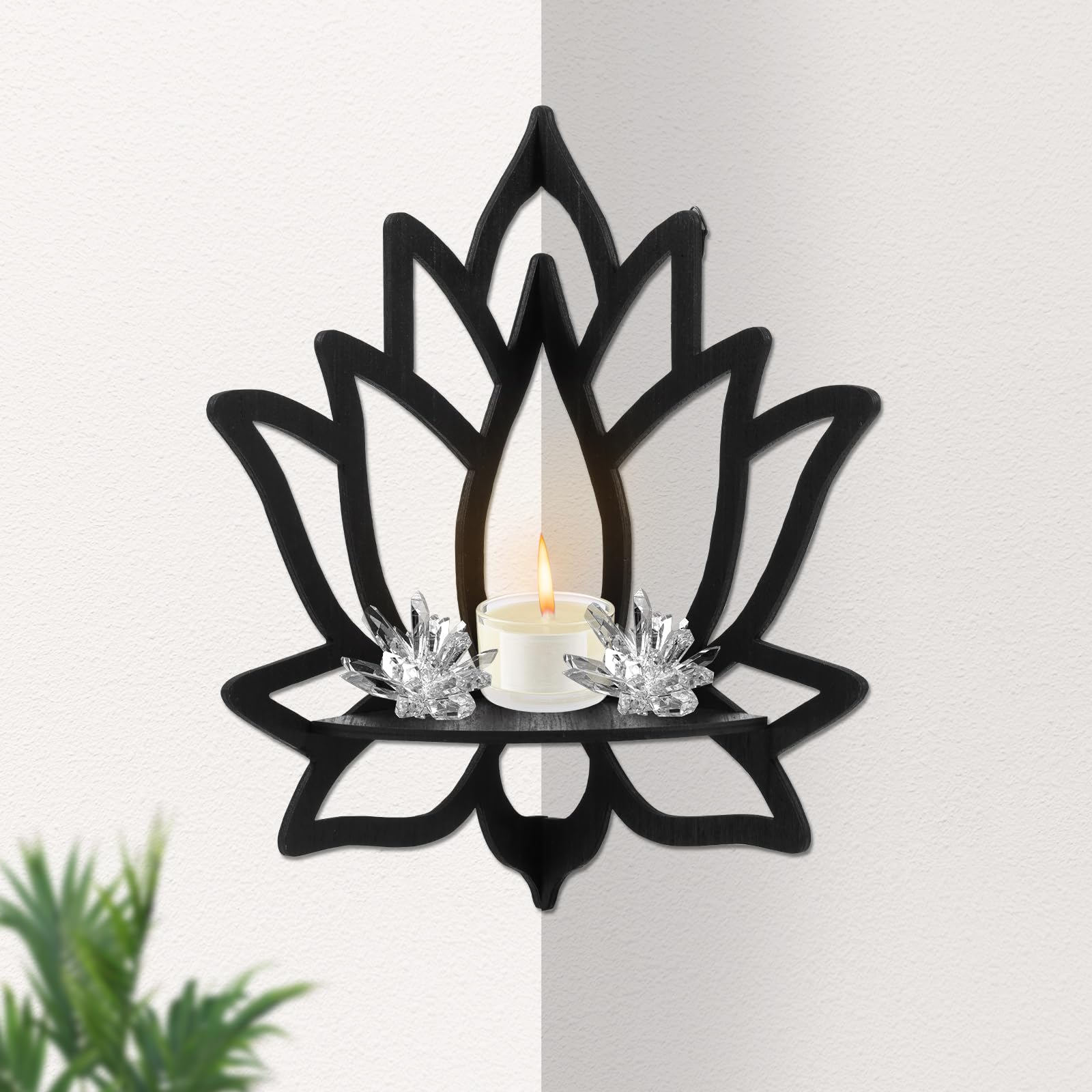 LYIYEYAN Water Lily Flower Corner Shelves Wooden Lotus Crystal Shelf Black Wall Crystal Display Shelf Decorative Lotus Floating Shelf Wall Hanging Shelves for Bedrooms Offices Living Room Decoration