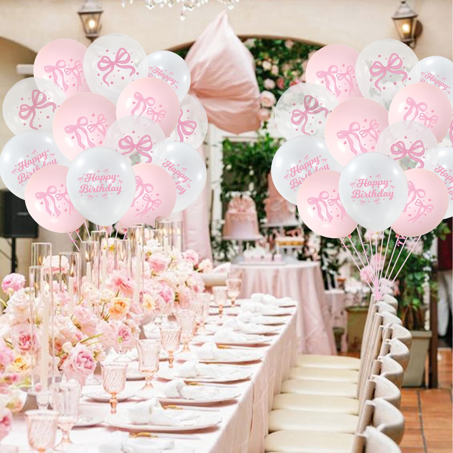 48 Pcs Pink Bow Balloons Coquette Birthday Decorations Include Bow Light Pink Balloons White Balloons for Pink Bow Birthday Party Supplies