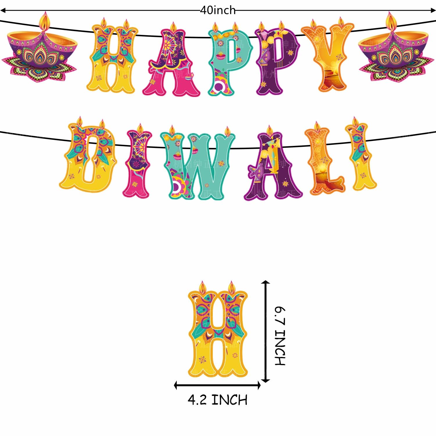 KYMY Happy Diwali Hanging Banner, Deepavali Rangoli Themed Hanging Pennants Wall Sign, Indian Festival of Lights Paper Cards Banner for India Festival Diwali Party Decorations