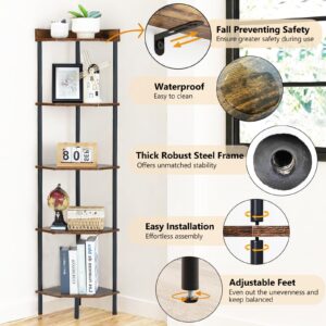 Corner Shelf Stand, Tall Corner Book Shelf Industrial 5 Tier Corner Display Rack Multipurpose Shelving Unit Corner Bookcase for Small Spaces Living Room Bedroom Home Office (Rustic Brown-5-Tier)