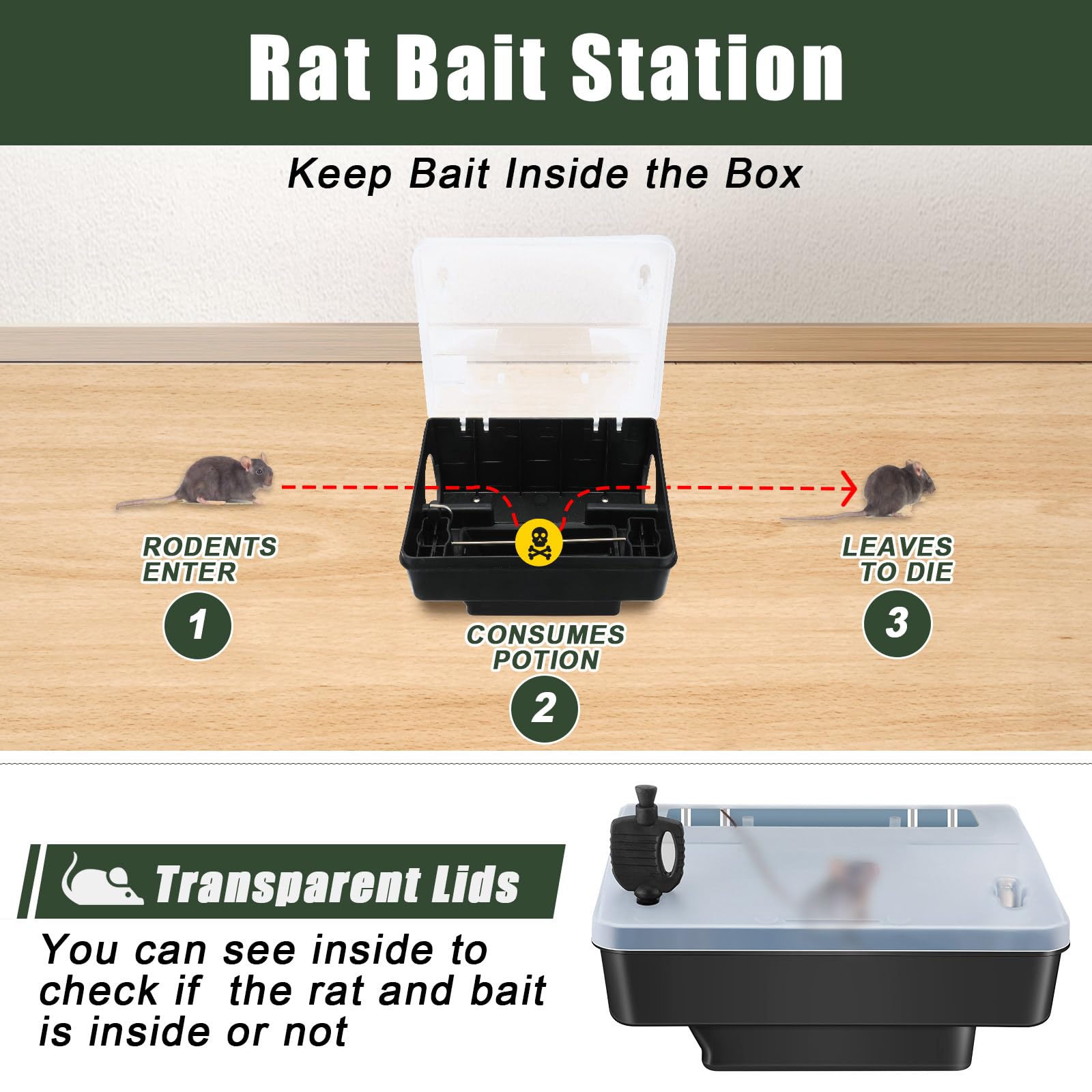 Qualirey 2 Pcs Rat Bait Station Boxes with Key, Rat Trap Boxes with Transparent Lid Heavy Duty Bait Blocks for Mice and Rats Plastic Mouse Bait Traps for Garden Home Outdoor