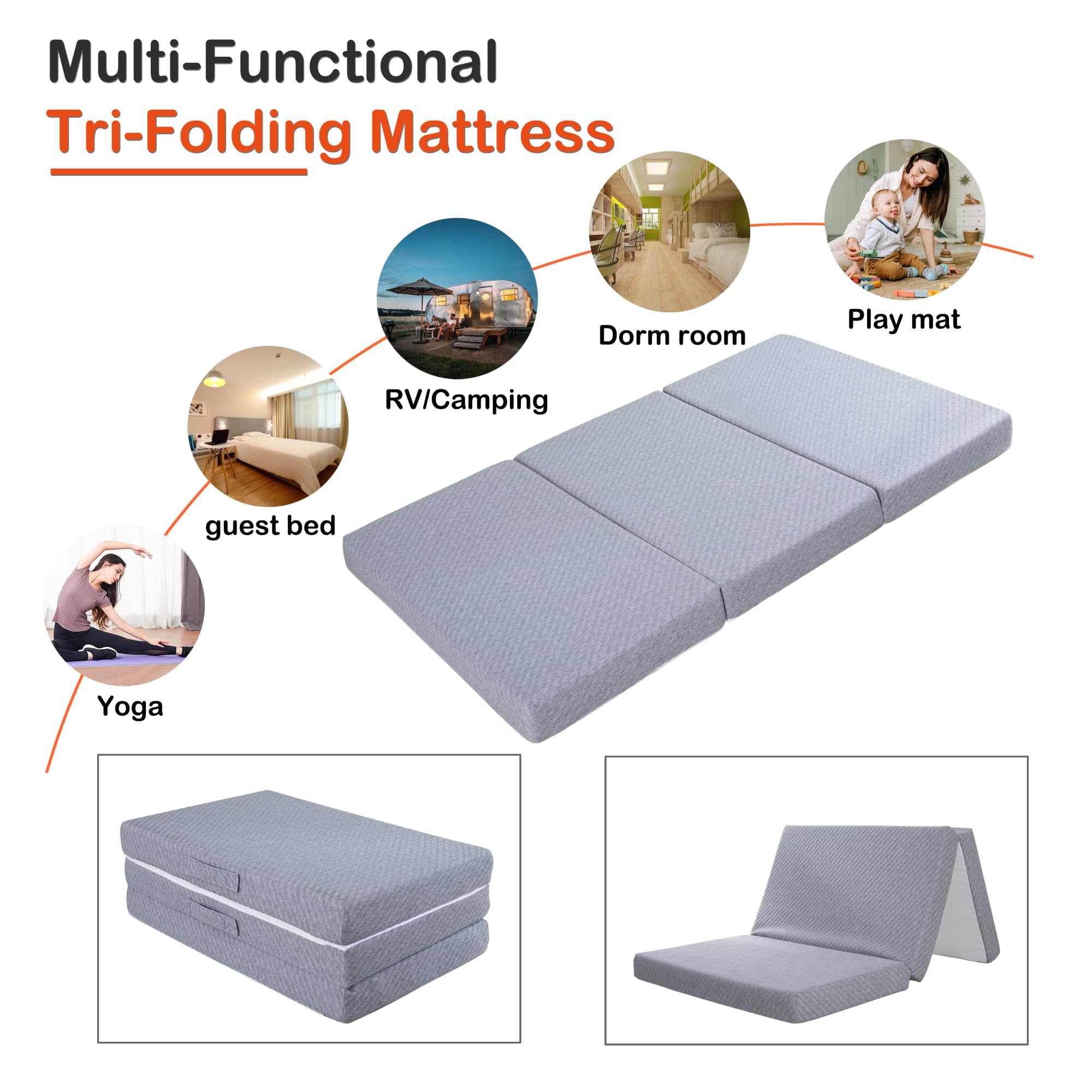 BreezeRest Trifold Mattress Sing Size 4 Inch Adjustable Softness Gel Memory Foam Colchones Single for Outdoors Camping,Guest with Travel Case Carry Handle Softness Relief Back Pain CertiPUR-US