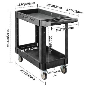 LoJok 640 LBS Capacity Heavy Duty Utility Cart with Wheels, Plastic 2-Tier RollingTool Cart Black, 360° Universal Wheels with 2 Brakes for Warehouse, Garage