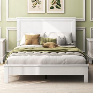 giantex wood full platform bed frame with headboard, mid century bed frame with solid wood legs & wooden slat support, no box spring needed, white bed