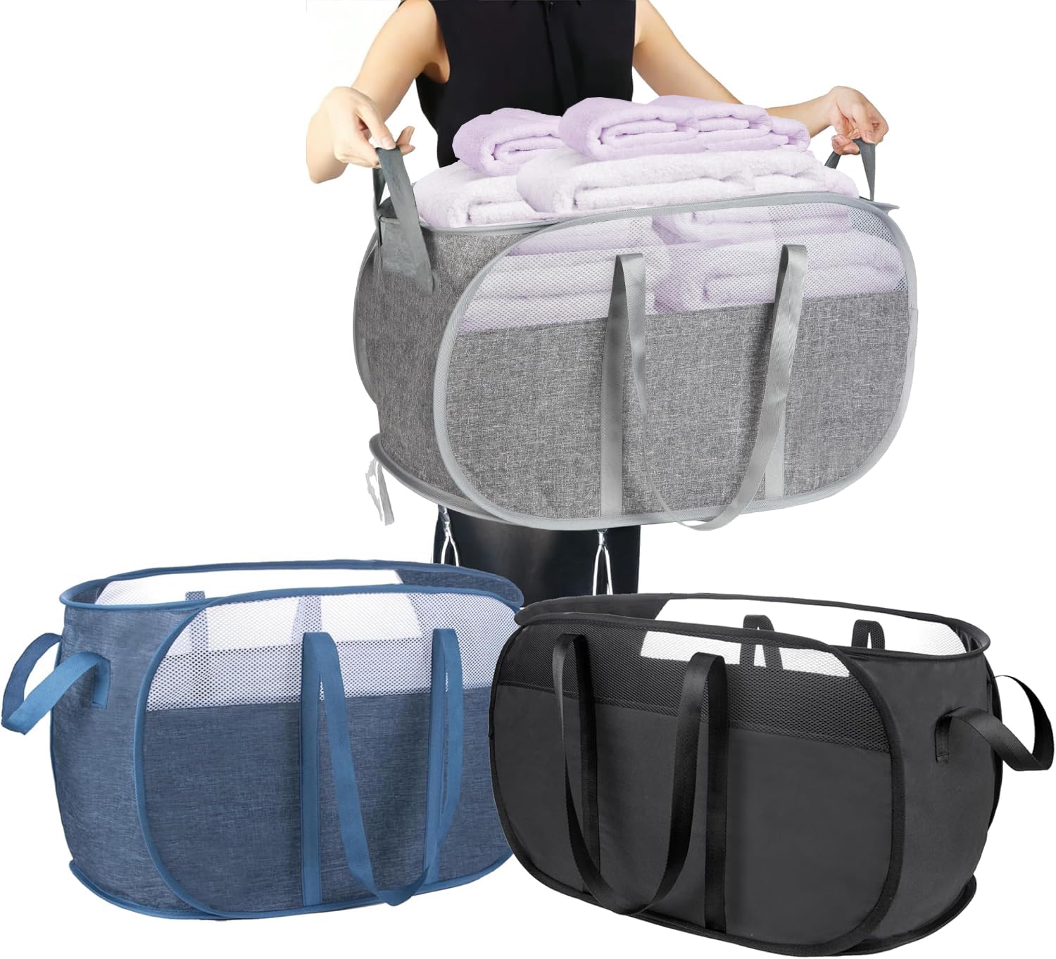 GHTOOW, Collapsible Laundry Basket, 3 Pack, Hamper with Reinforced Handles, Durable Pop Up Hampers for Laundry, Tear Proof & Easy to Carry Laundry Hamper for Home, Laundry, Dorm, Travel