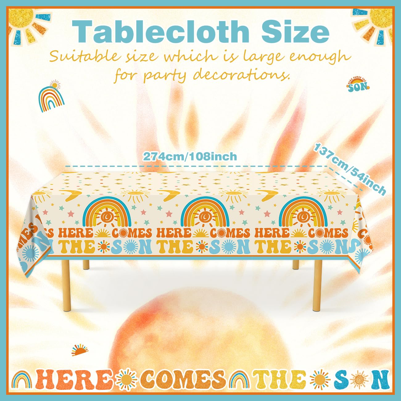 Here Comes The Son Baby Shower Decor Here Comes The Son Baby Showe Plates Napkins Cups Tablecloth Banner Balloons and Cake Topper Sun Retro Boho Sunshine Birthday Party Supplies, Serves 20