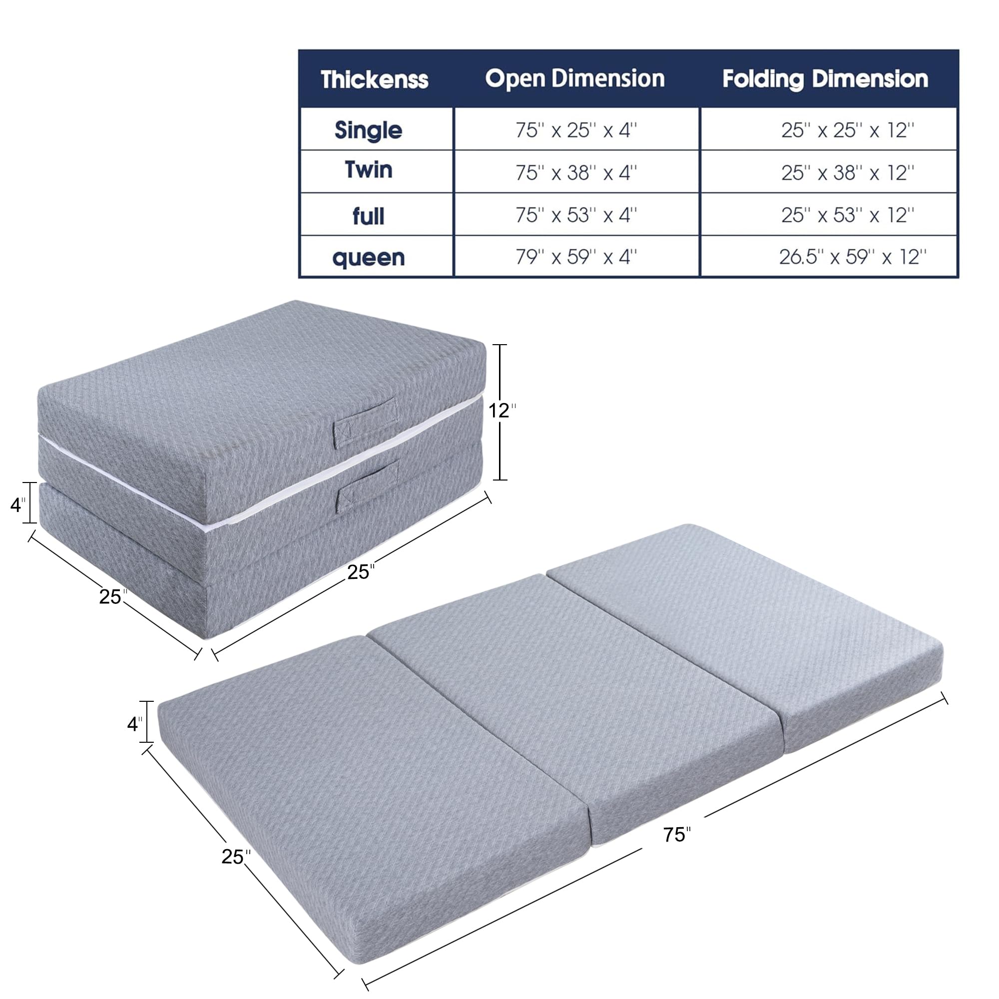 BreezeRest Trifold Mattress Sing Size 4 Inch Adjustable Softness Gel Memory Foam Colchones Single for Outdoors Camping,Guest with Travel Case Carry Handle Softness Relief Back Pain CertiPUR-US