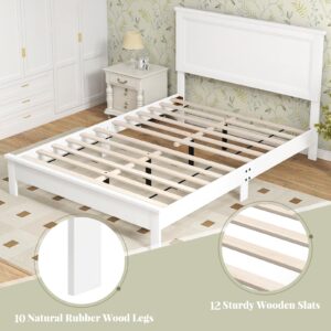 Giantex Wood Full Platform Bed Frame with Headboard, Mid Century Bed Frame with Solid Wood Legs & Wooden Slat Support, No Box Spring Needed, White Bed