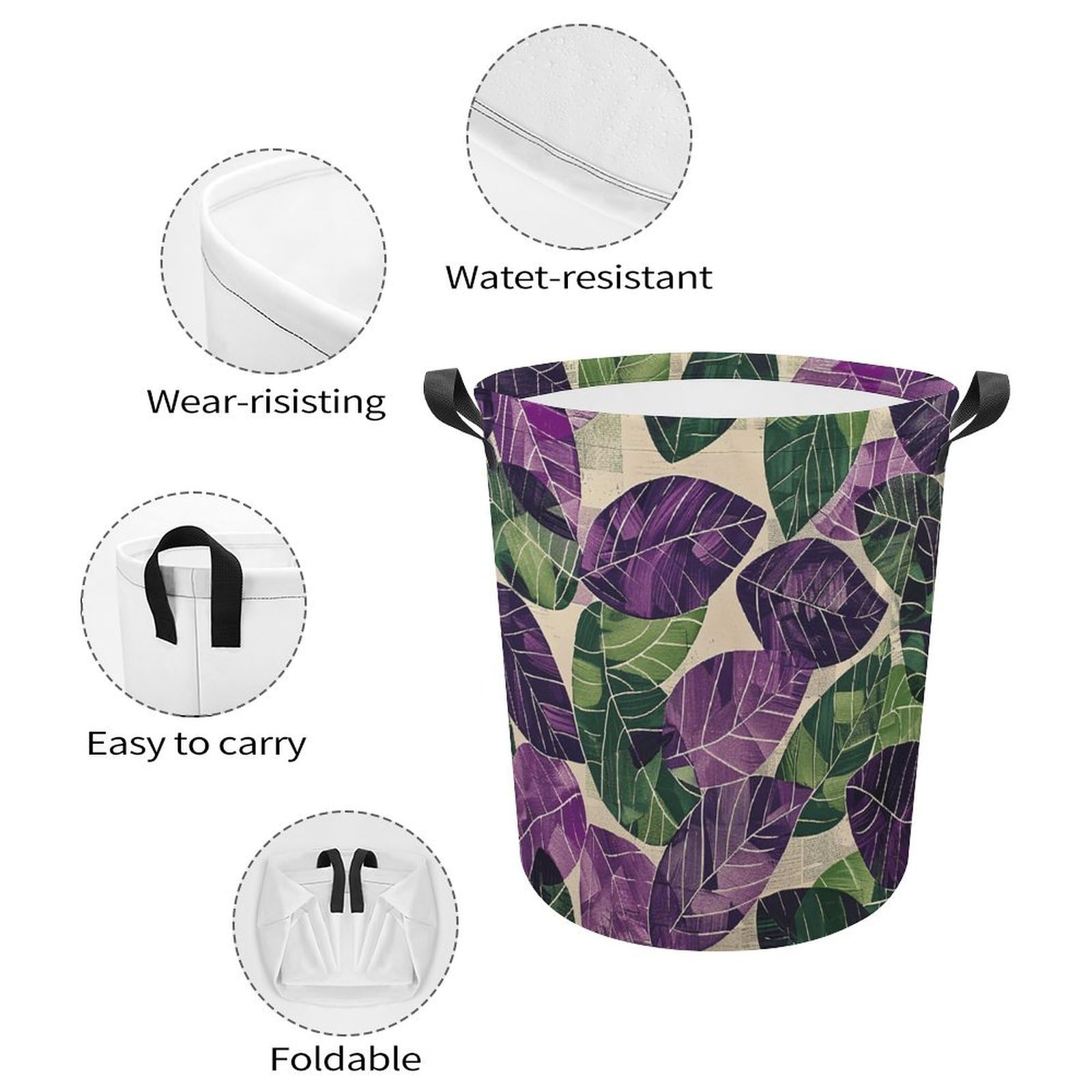 Laundry Basket Hamper Green And Purple Leaves Waterproof Dirty Clothes Hamper Collapsible Washing Bin Clothes Bag with Handles Freestanding Laundry Hamper for Bathroom Bedroom Dorm Travel