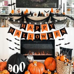 Halloween Balloon Garland Arch Kit, Halloween Party Decorations with Bats & Black Cat Foil Balloons Black Orange White Balloons, Happy Halloween Banner, Halloween Party Decor Supplies