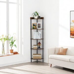 Corner Shelf Stand, Tall Corner Book Shelf Industrial 5 Tier Corner Display Rack Multipurpose Shelving Unit Corner Bookcase for Small Spaces Living Room Bedroom Home Office (Rustic Brown-5-Tier)