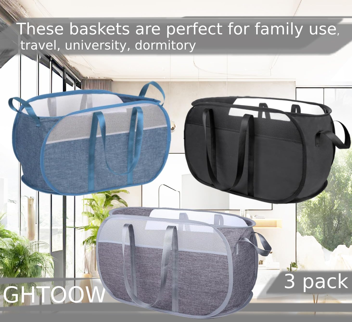 GHTOOW, Collapsible Laundry Basket, 3 Pack, Hamper with Reinforced Handles, Durable Pop Up Hampers for Laundry, Tear Proof & Easy to Carry Laundry Hamper for Home, Laundry, Dorm, Travel