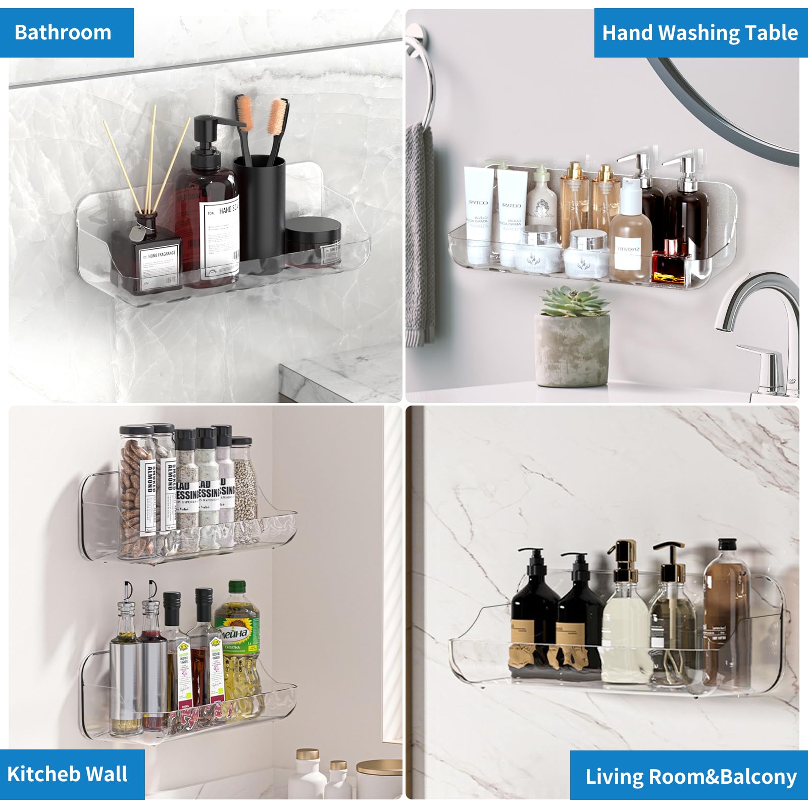 FEPTUASE Acrylic Shower Shelves, Clear Bathroom Shelves, Wall Mount Organizer, No Drilling Transparent, Self Adhesive Shower Caddy for Bathroom ＆ Kitchen Storage (12.6" x 4.33" x 3.54")