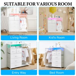 White Dresser for Closet,Dresser for Kids Bedroom, Dresser with Hanging Rack, Clothes Dresser with Clothes Rack, White Bedroom Dresser with 5 Fabric Chest of Drawers with PU Storage Organizer