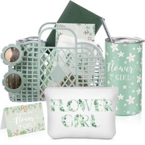 ninehaoou 10 pcs flower girl jelly basket set flower girl tumbler sunglasses makeup bag hair scrunchies clip proposal card with pen envelope plastic handbag for wedding bridal shower (green)