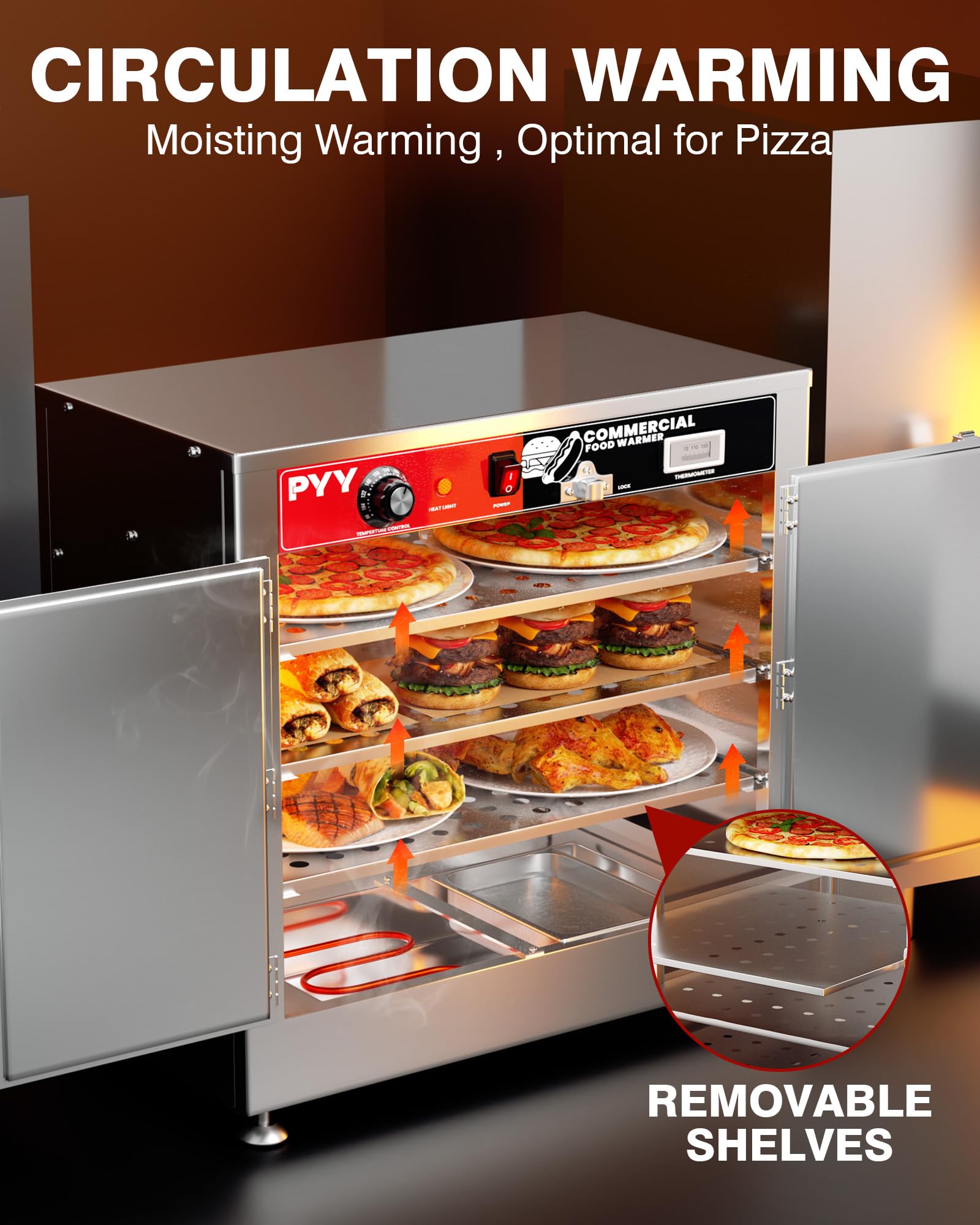 PYY Hot Box Food Warmer - 4 Tier Commercial Catering Warming Cabinet for Pizza Pretzel, Electric Countertop Heating Machine for Restaurant, Stainless Steel Dual Door with Water Tray and Thermometer