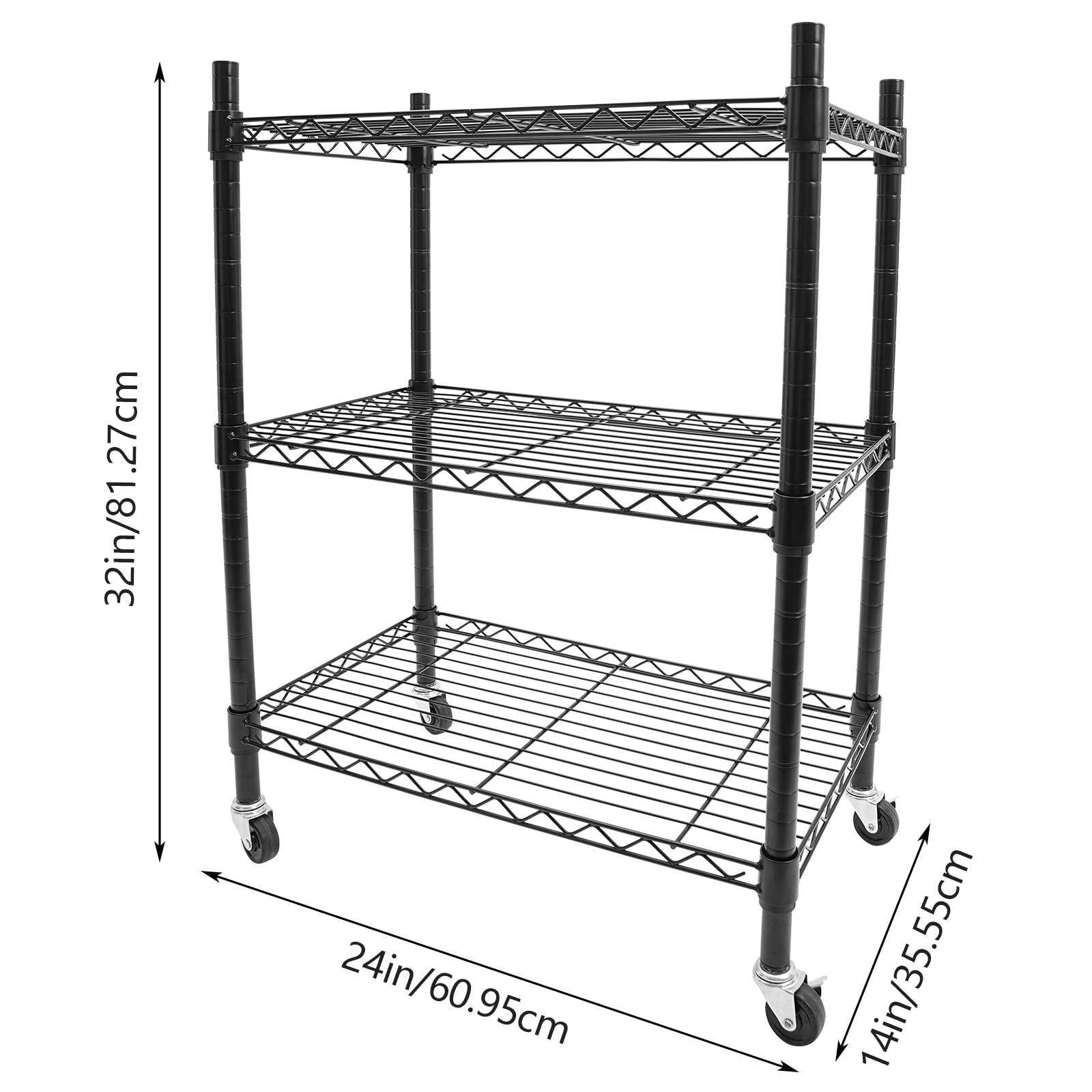 Philipreba 3-Tier Storage Shelf, Adjustable Wire Shelving with Wheels, 24 x 14 x 32in Heavy Duty Metal Shelves, Wire Rack Shelving Unit, with 250lbs Each Tier Load Capacity (3 Tiers)