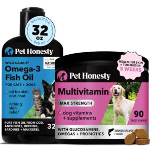 pet honesty omega 3 fish oil & multivitamin max strength bundle: wild caught omega 3 supplement & 15-in-1 dog vitamins for skin, coat, and health (32oz)