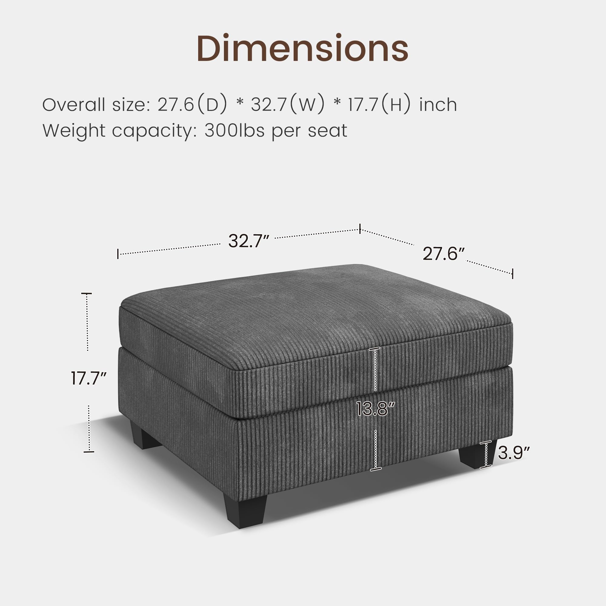 Nolany Storage Ottoman for Sectional Couch, Movable Storage Ottoman for Modular Sectional Sofa, Dark Grey