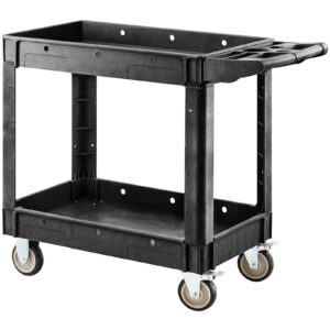 lojok 640 lbs capacity heavy duty utility cart with wheels, plastic 2-tier rollingtool cart black, 360° universal wheels with 2 brakes for warehouse, garage