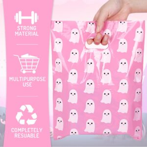 JarThenaAMCS 100Pcs Halloween Party Favor Bags Pink Ghost Halloween Treat Bags Plastic Candy Goodies Bags with Handles Party Favor Bags for Trick or Treat Party Birthday Baby Shower Wrapping Supplies